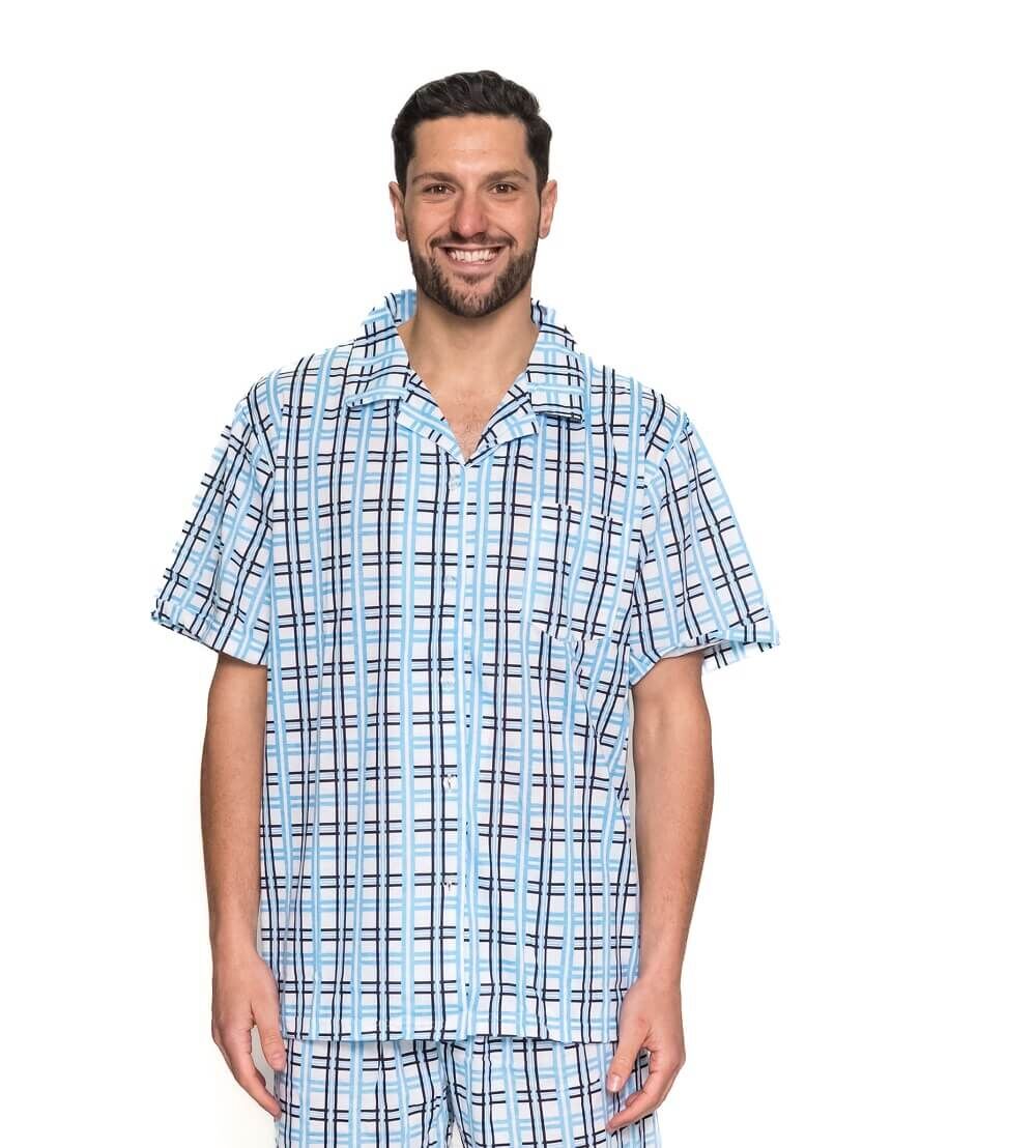 Mens Short Summer Cotton Blend Pyjamas S XXL Pjs Set Blue Checkered Mens Short Summer Cotton Blend Pyjamas S XXL Pjs Set Blue Checkered
