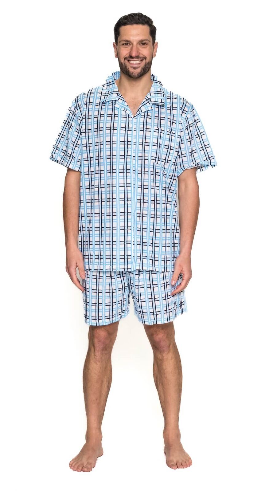 Mens Short Summer Cotton Blend Pyjamas S XXL Pjs Set Blue Checkered Mens Short Summer Cotton Blend Pyjamas S XXL Pjs Set Blue Checkered